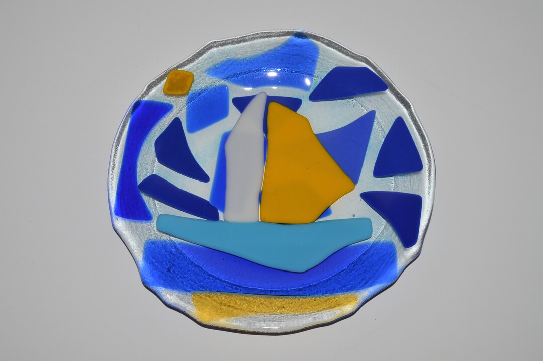 Fused Glass Sailboat Plate, Decorative Art Glass Plate, Blue Yellow ...