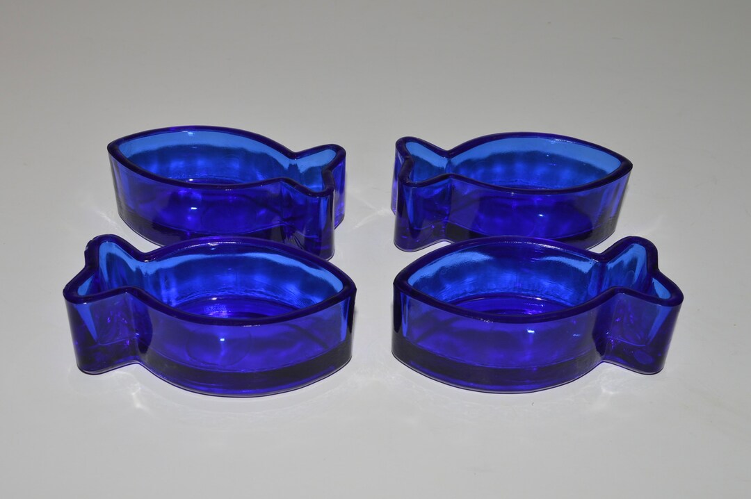 Set of 4 Cobalt Blue Glass Fish Ramekins, Fish Shaped Condiment Bowls ...