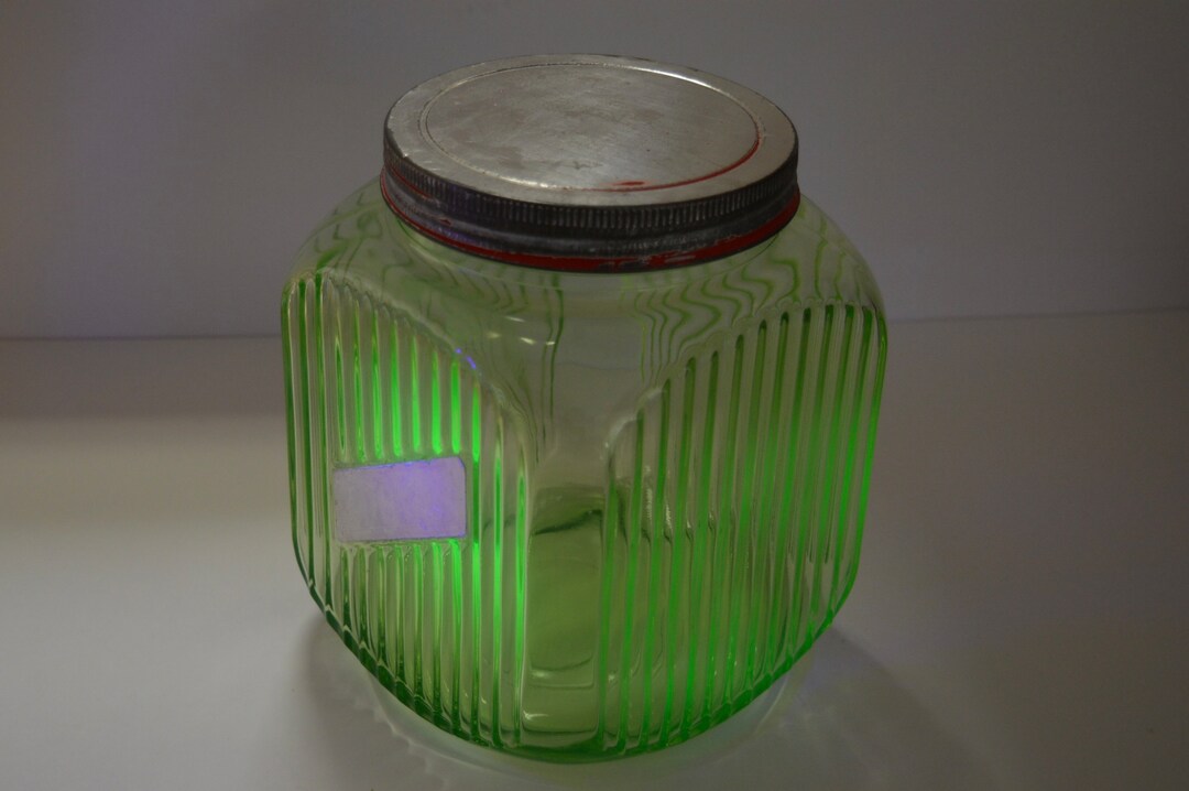 Vintage Depression Glass Cookie Jar, Uranium Glass Hoosier Jar, Glows ...