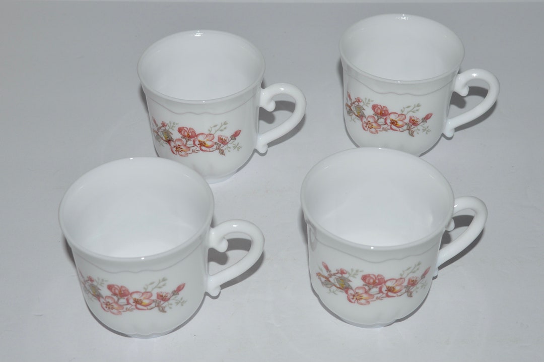 Vintage Arcopal France Milk Glass Cups, Milk Glass Pink Floral Tea Cups ...
