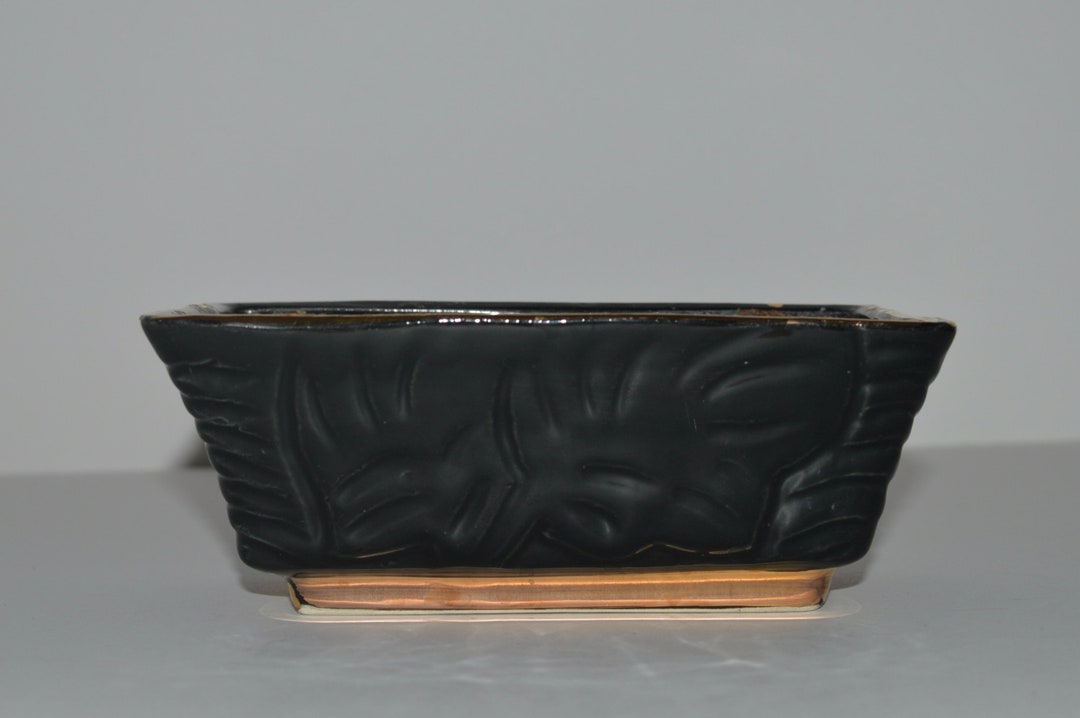 Black and Gold Planter, USA 040 Rectangular Planter, Ceramic Incised ...