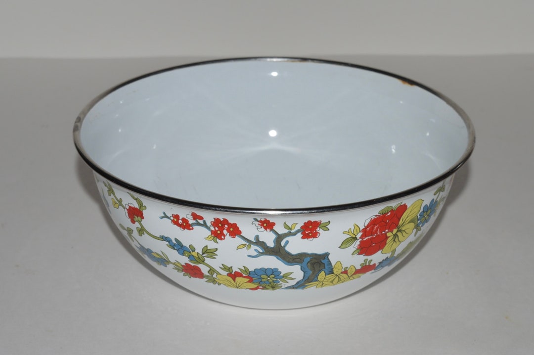 Vintage Enamel Floral Mixing Bowl, Colorful Steel Enamelware, Retro ...