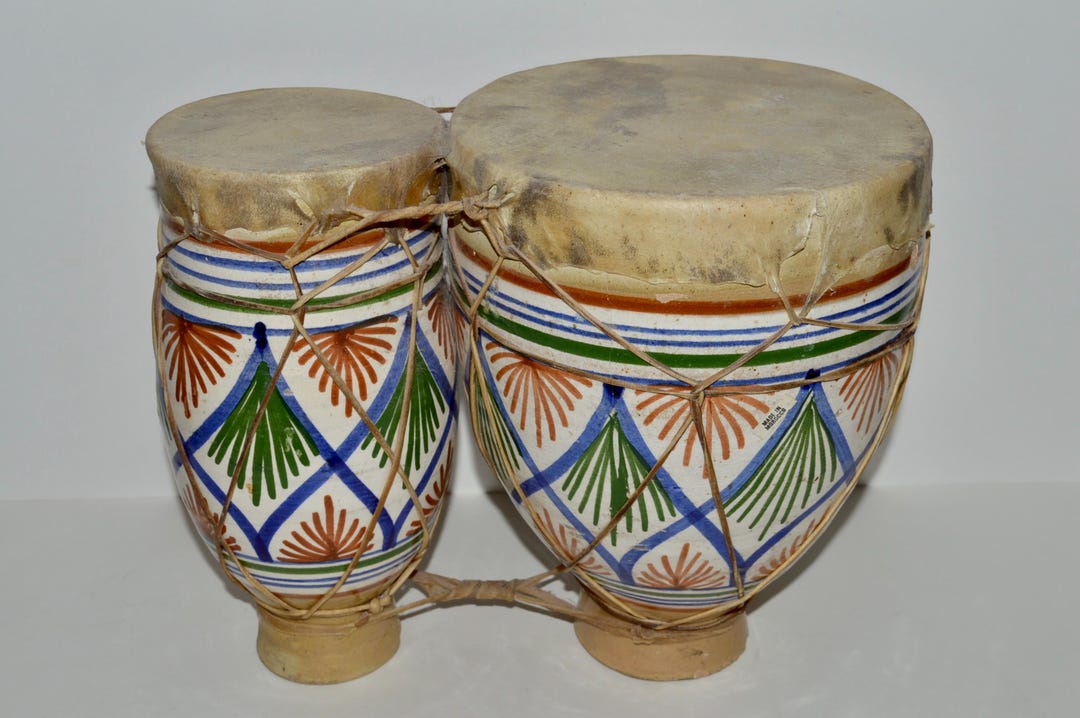 Vintage Morocco Ceramic Bongo Drums, Handmade Boho Tribal Goat Skin ...