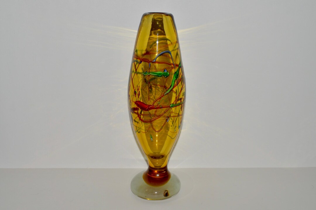 Heavy Amber Splatter Glass Pedestal Vase, Spatter Glass Multicolor Tall ...