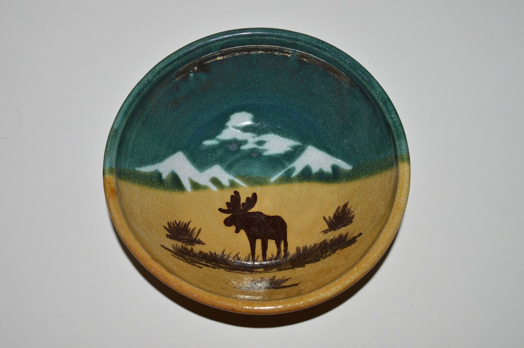 Montana Earth Pottery Bowl, Moose Motif Art Pottery, Beige Green ...