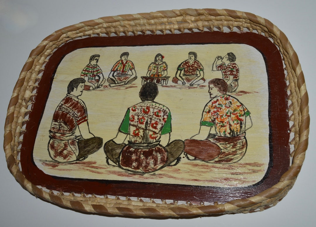 Vintage Mexico Folk Art Basket Tray, Mexico Wood Wicker Platter, Hand ...