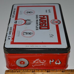 Vintage Fargo Gas Mantles Tin, Red Black Litho Tin Container ...