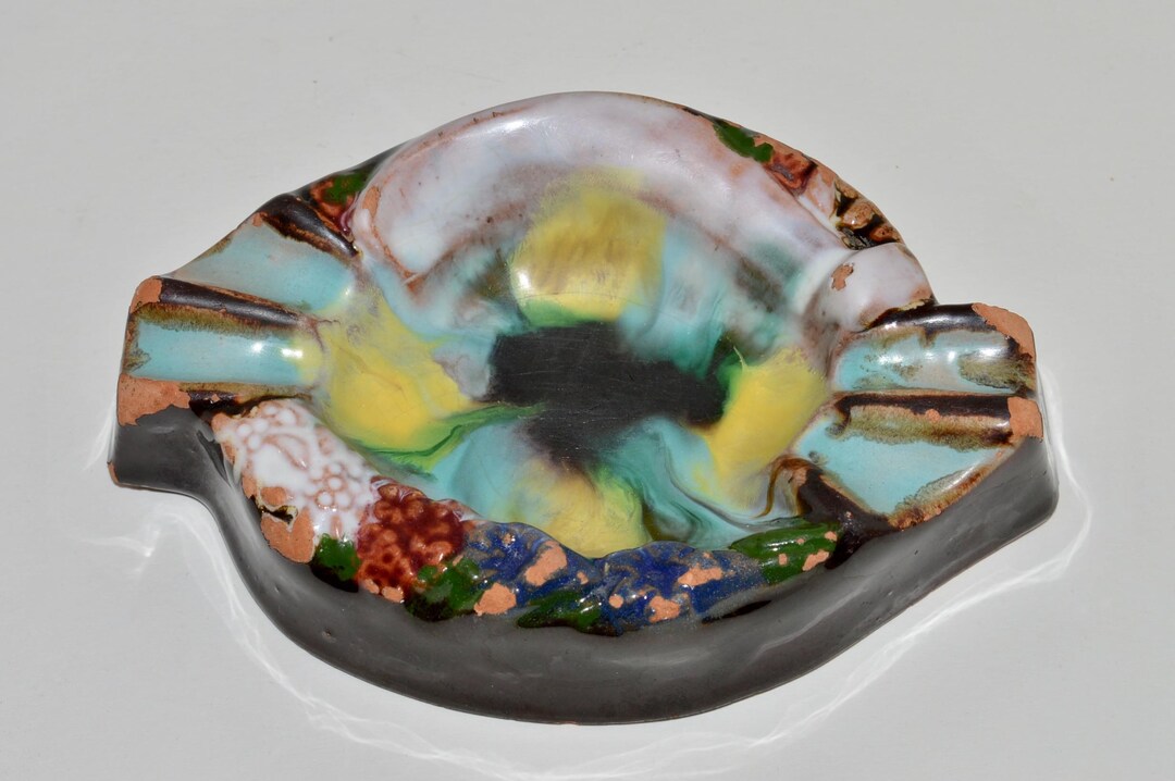 Vintage Mid Century Psychedelic Pottery Ashtray, Splatter Glaze Ashtray ...