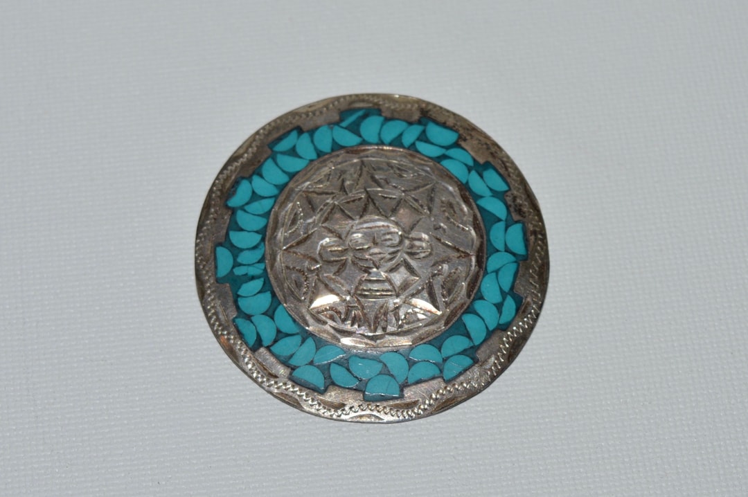 Mexico Sterling Turquoise Inlay Brooch Pendant, Aztec Sun God Pin ...