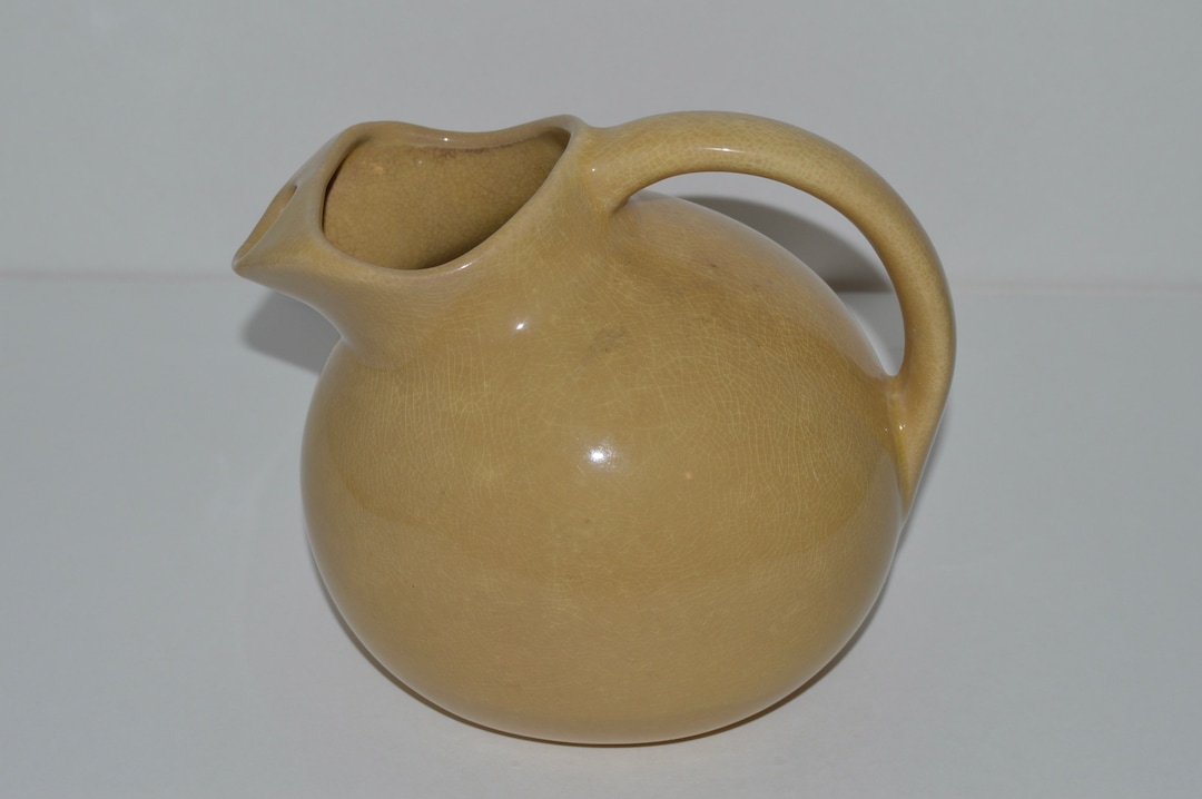 Vintage Ball Pitcher, USA Pottery Round Tilt Pitcher, Beige Tan Yellow ...