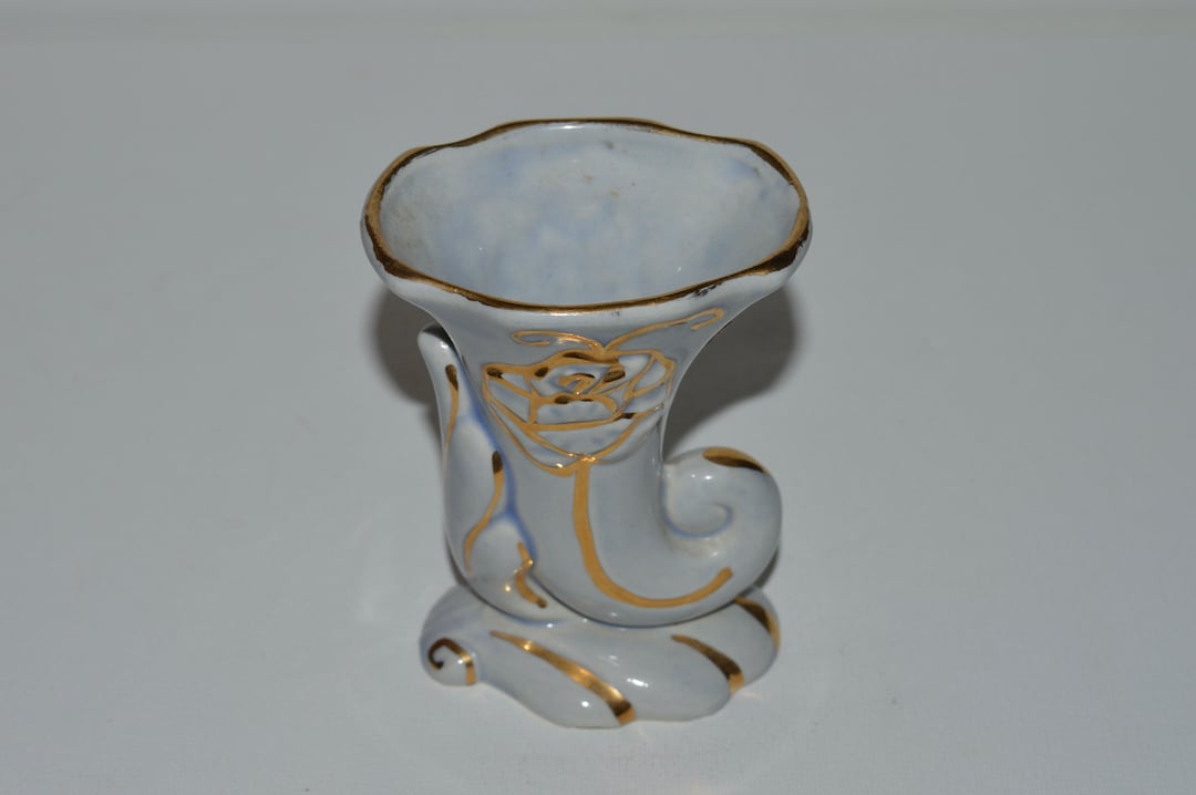Blue Rose Cornucopia, Horn of Plenty Vase, Hand Painted 22K Gold ...