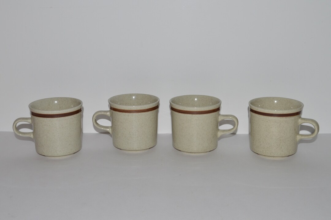 Haniwa Stone Cups Set of 4, Japan Stoneware Cups, Brown Stripe Design ...