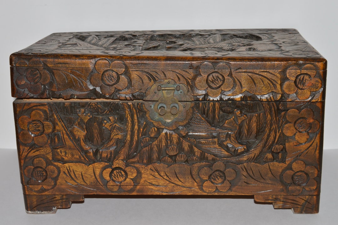 Vintage Oriental Camphor Wood Chest, Carved Wooden Chest, Ornate Wood ...