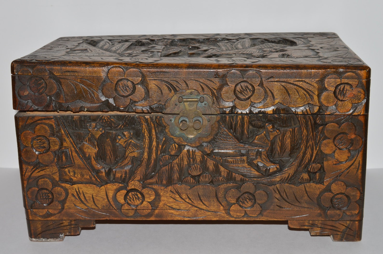 Vintage Oriental Camphor Wood Chest, Carved Wooden Chest, Ornate Wood ...