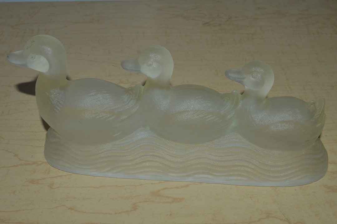 Frosted Glass Ducks in a Row Figurine, Molded Glass Statuette, Swimming ...