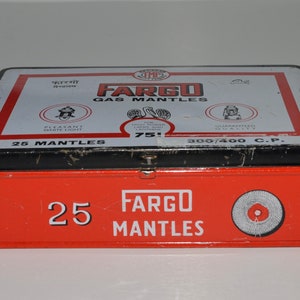 Vintage Fargo Gas Mantles Tin, Red Black Litho Tin Container ...