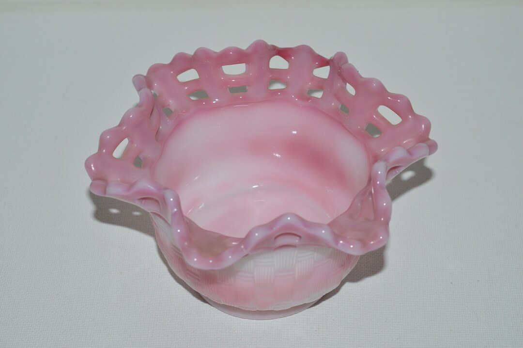 Pink Fenton Basket Weave Bowl, Pink White Slag Glass Fenton Rosalene ...