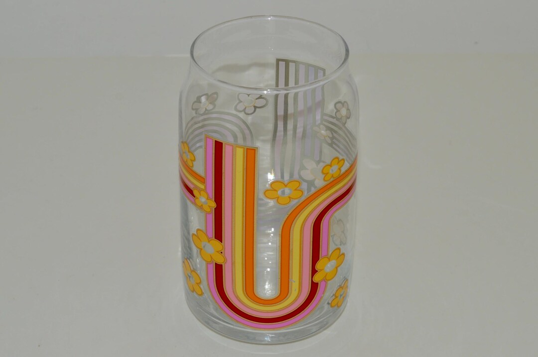 Vintage 1970s Drinking Glass, Rainbow Flower Power Graphics, Groovy ...