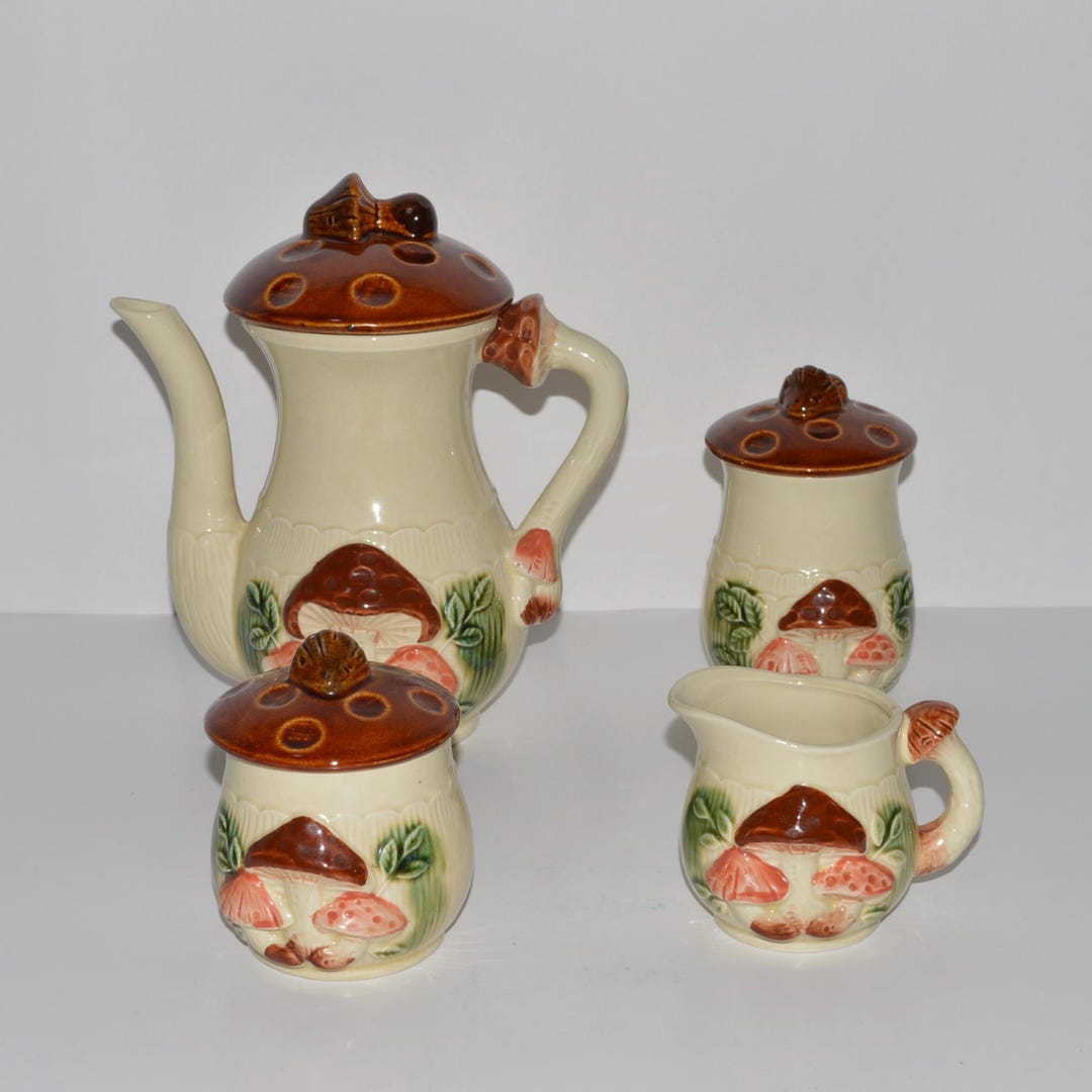 VTG Mushroom Tea Set, Cream Sugar Pitcher W Lids, Merry Mushrooms ...