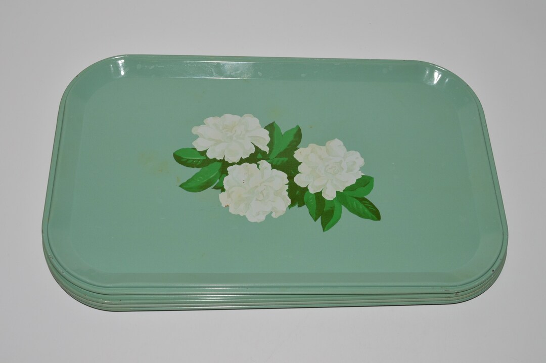 Vintage Tin Litho Serving TV Trays, Jade Mint Green W Camellia Blossom ...