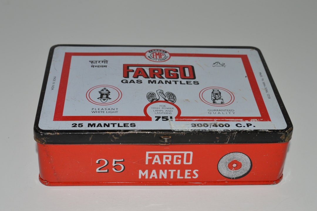 Vintage Fargo Gas Mantles Tin, Red Black Litho Tin Container ...