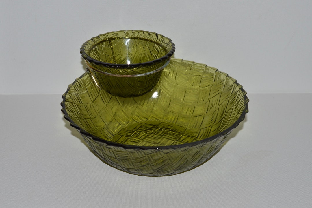 Green Glass Chip and Dip Set, Vintage Indiana Glass, 1950s 2-story Chip ...