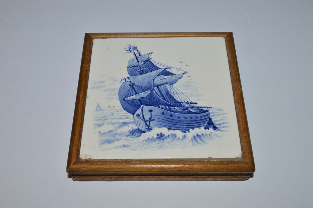 Delft Type Blue Tile, Wood Tile Sailing Ship Trivet, Blue White Kitchen ...
