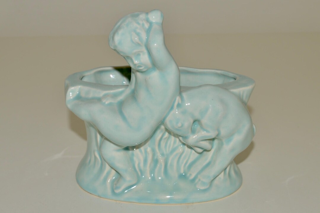 Vintage Boy With Goat Planter, Turquoise Mid Century Figural Pottery ...