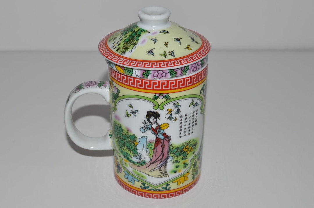 Vintage Lidded Tea Infuser Cup, Lady in Garden Motif Mug W Tea Strainer ...