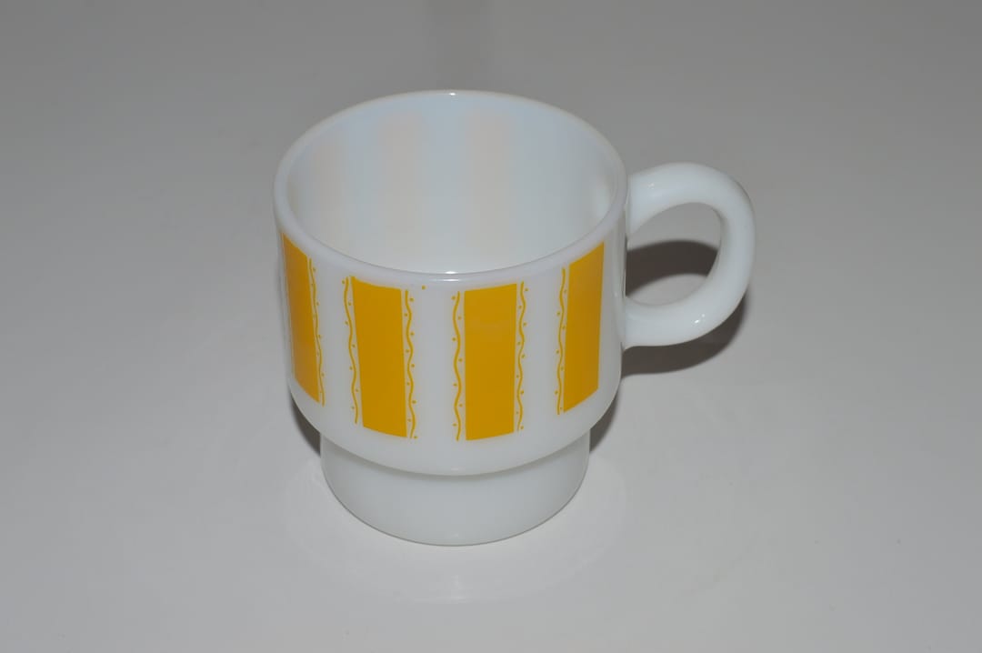Vintage Yellow Stripe Milk Glass Coffee Cup, Yellow Milk Glass Stacking ...