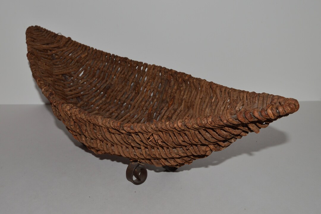 Vintage Boat Shaped Basket, Wicker Boat Basket W Curled Cast Iron Feet ...