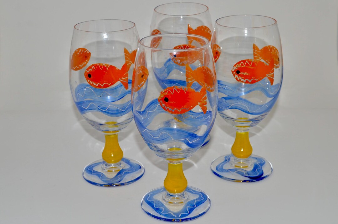 Set of 4 Hand Painted Fish Wine Glasses, Made in Italy, Goldfish Motif ...