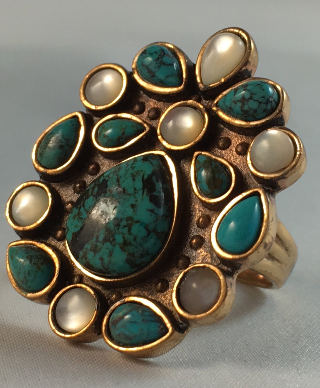 Colleen Lopez Turquoise and Mother of Pearl Rose Goldtone Bronze Ring ...