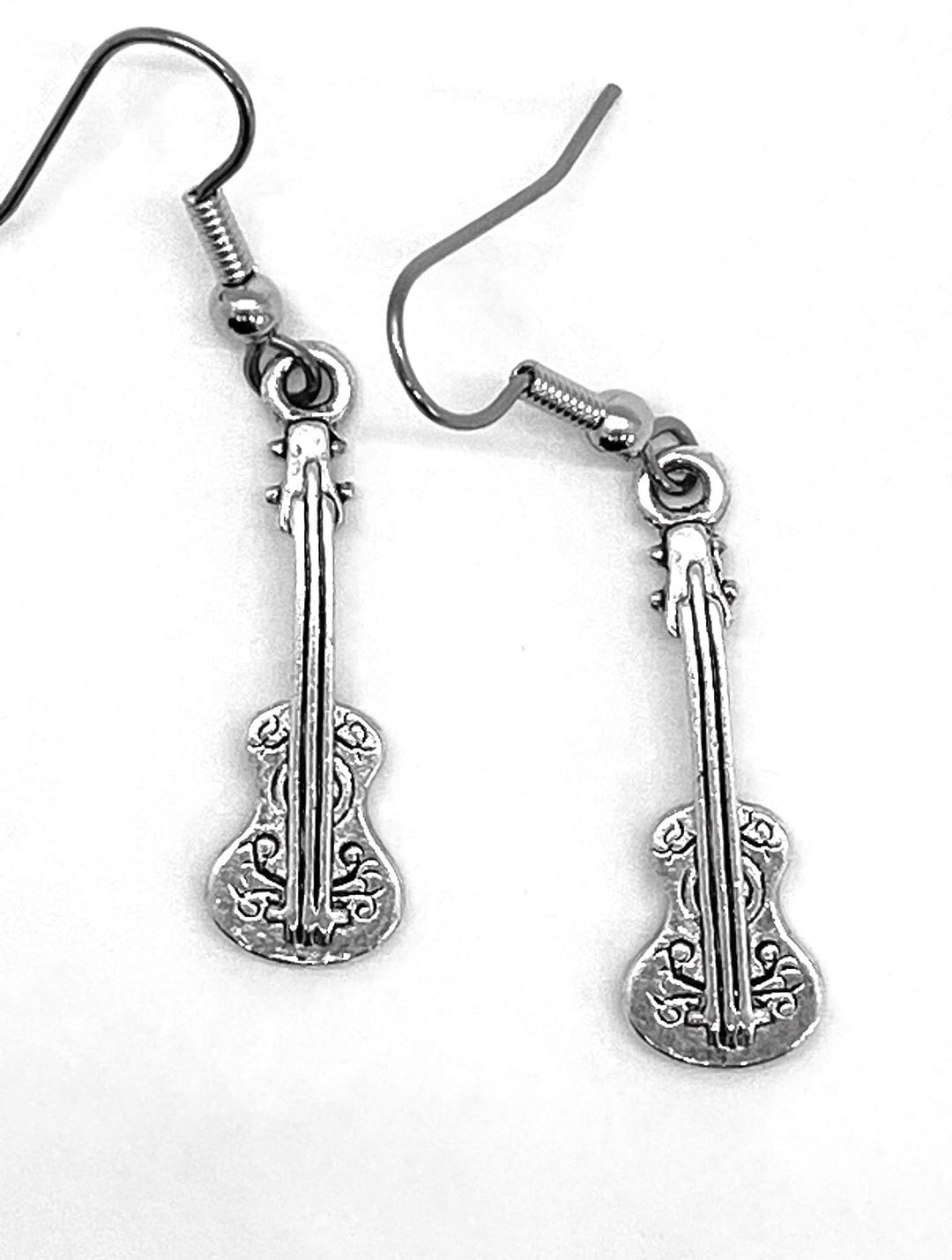 Ukulele Earrings Silver Pewter Charms on Surgical Steel Floral Detail ...