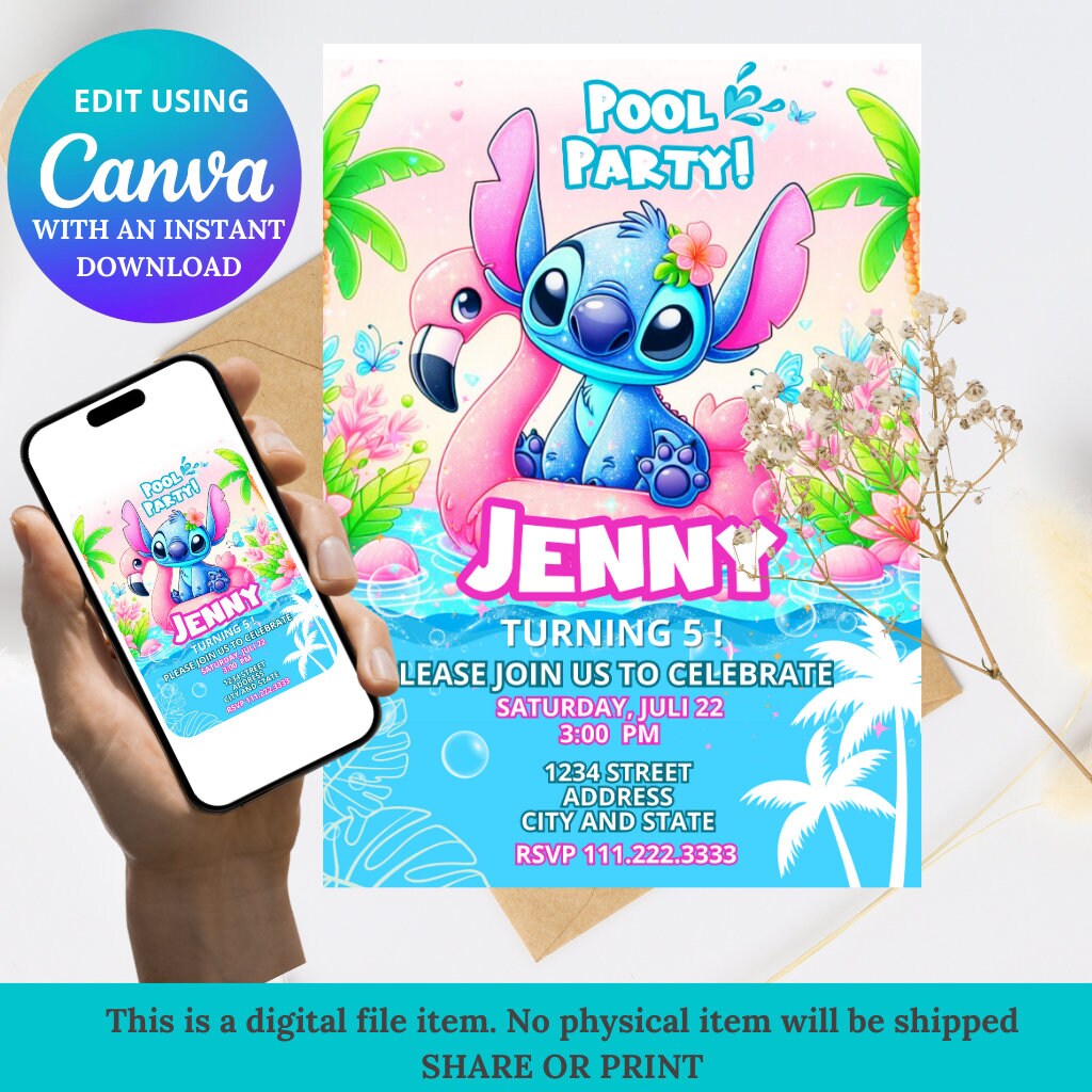Editable Stitch Pool Party Invitation, Girl Invitation, Pool Birthday ...