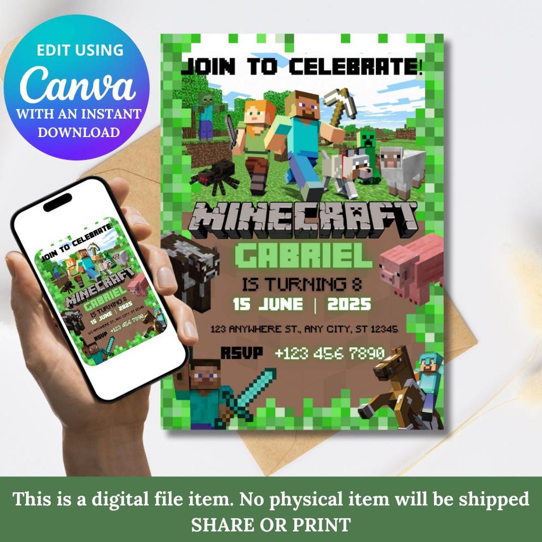 Minecraft Gamer Party Invitation Editable on Canva - Etsy