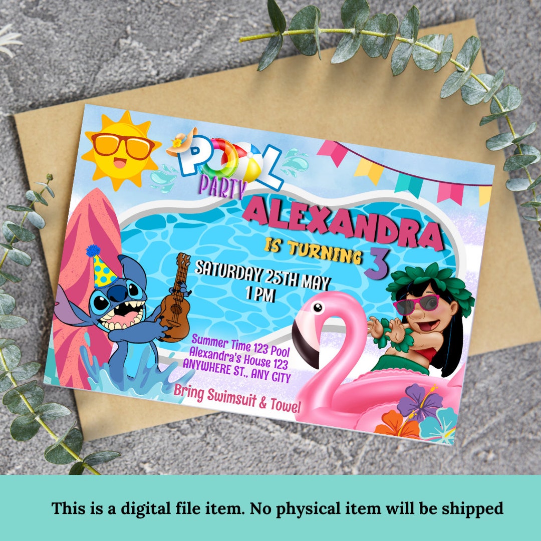 CANVA Lilo and Stitch Pool Party Digital Birthday Invitation EDITABLE ...