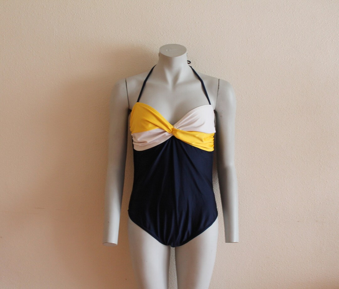 Vintage Front Knot One Piece Swimsuit Womens Blue Striped Swimwear ...