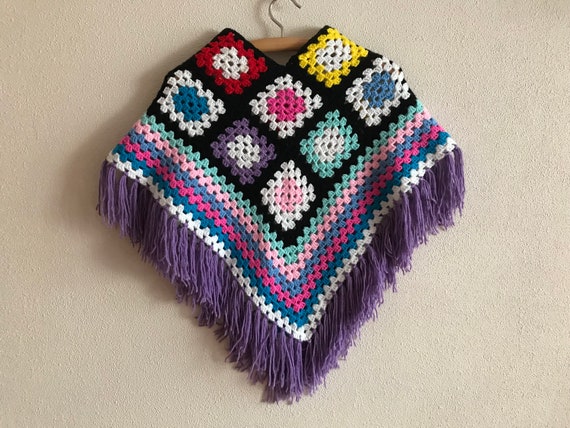 Colorful Poncho Granny Square Poncho Vintage Poncho H… - Gem