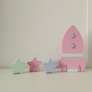 Wooden Rocket and 3 Stars Shelf Decoration Childs Bedroom or Nursery ...