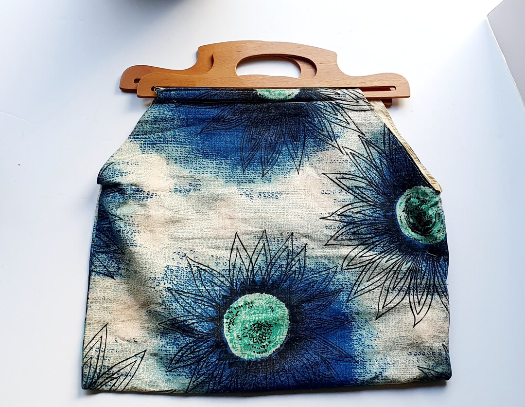 Vintage 1950s Barkcloth Knitting Bag: Floral Craft Tote With Wooden ...