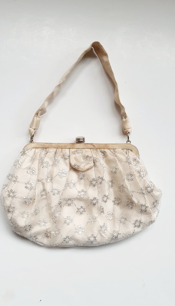 Vintage cream lace bag, 1930's original, silver lurex… - Gem