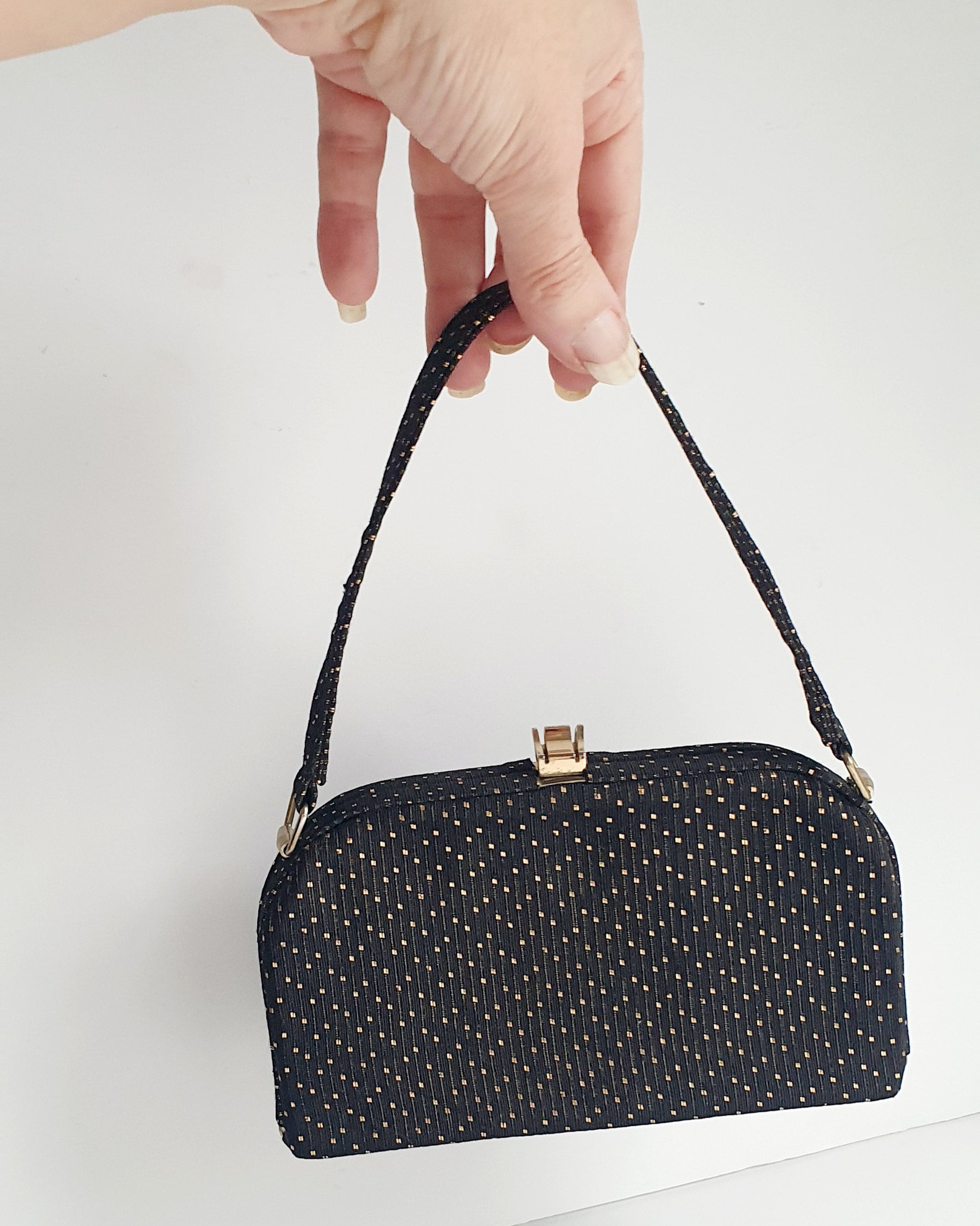 Vintage Black and Gold Box Bag, 1950's Handbag, Original Mirror ...