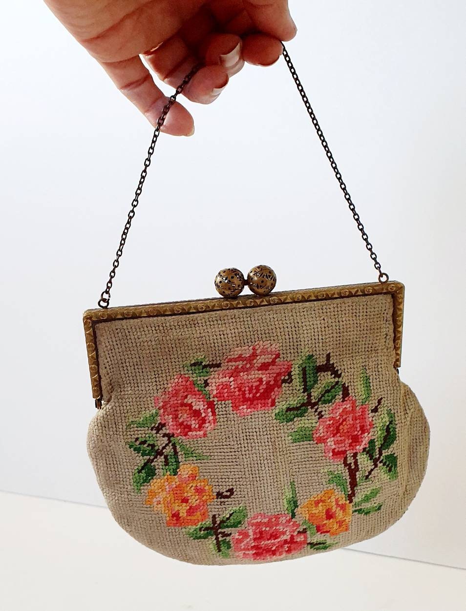 Edwardian, Vintage Bag, Floral, Tapestry, Art Nouveau, Pink Roses, Turn ...