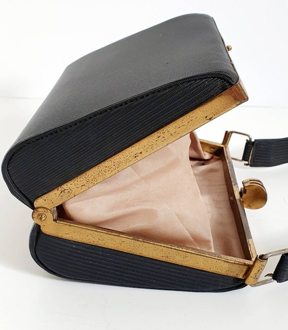Thirties vintage box bag, black, brass frame, beaded … - Gem
