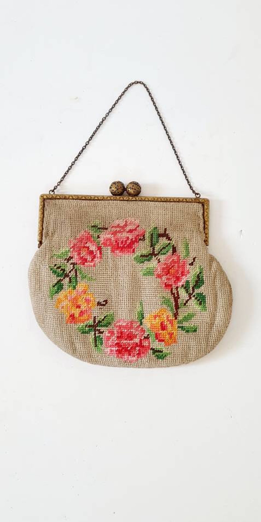 Edwardian, Vintage Bag, Floral, Tapestry, Art Nouveau, Pink Roses, Turn ...