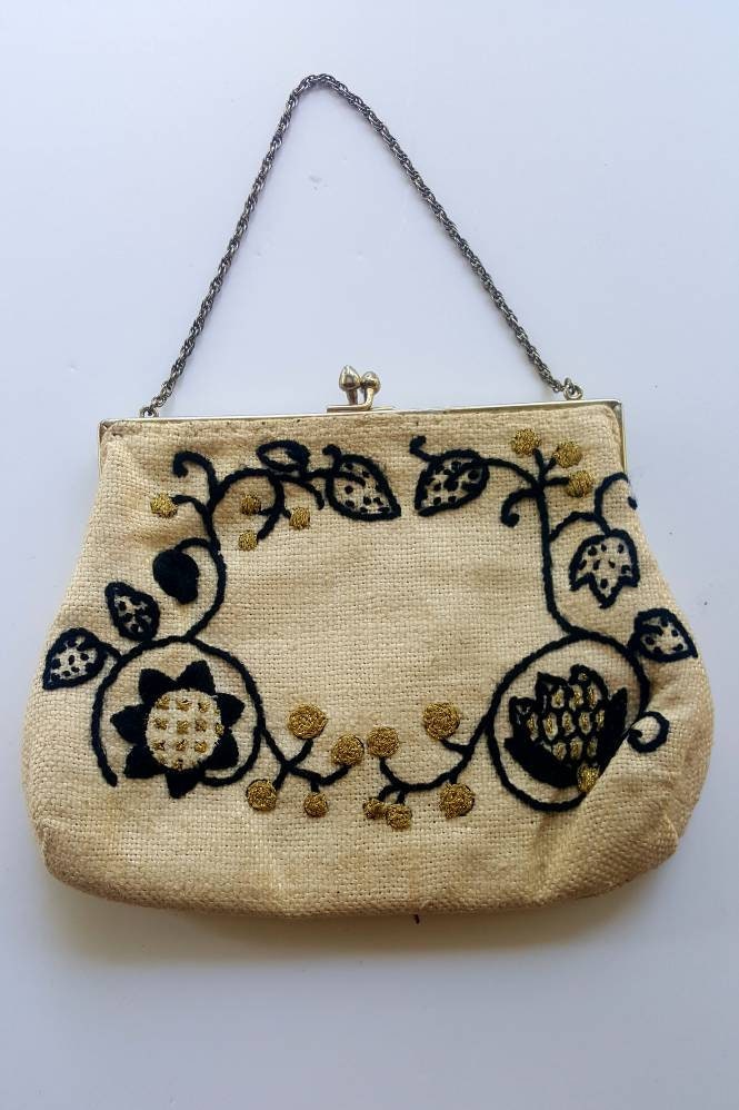 Folksy, Vintage Evening Bag, 1950's, Embroidered, Fifties, Black, Cream ...