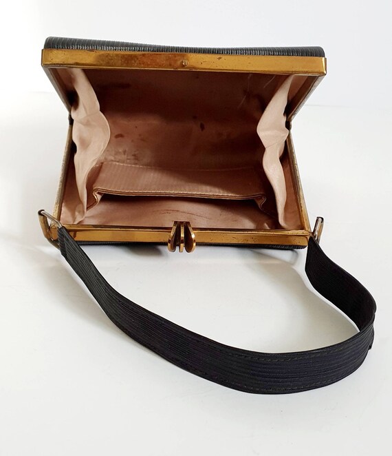 Thirties vintage box bag, black, brass frame, beaded … - Gem