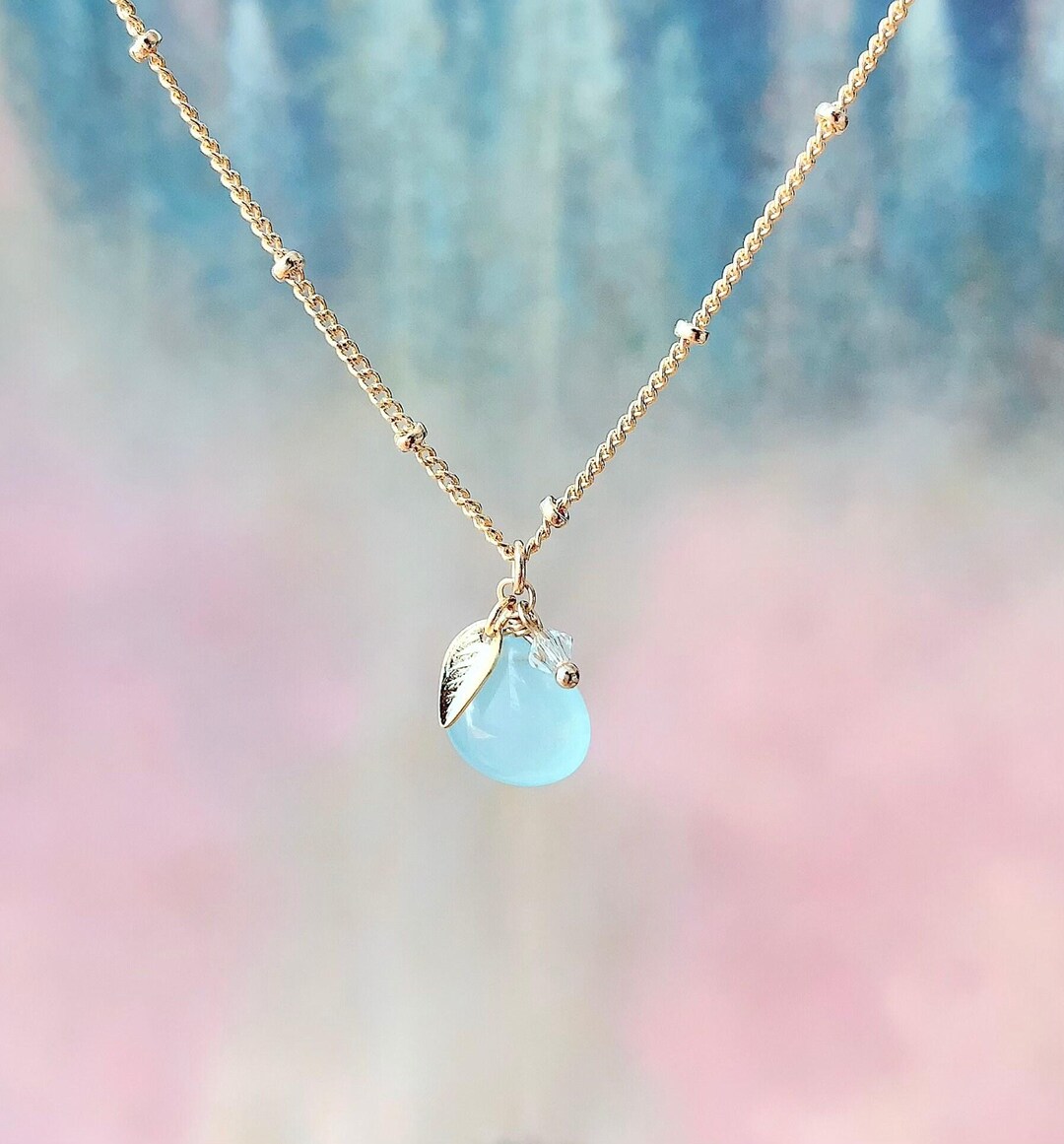Natural Stone Necklace Quartzite Jade Blue With Swarovski Pearls and a ...