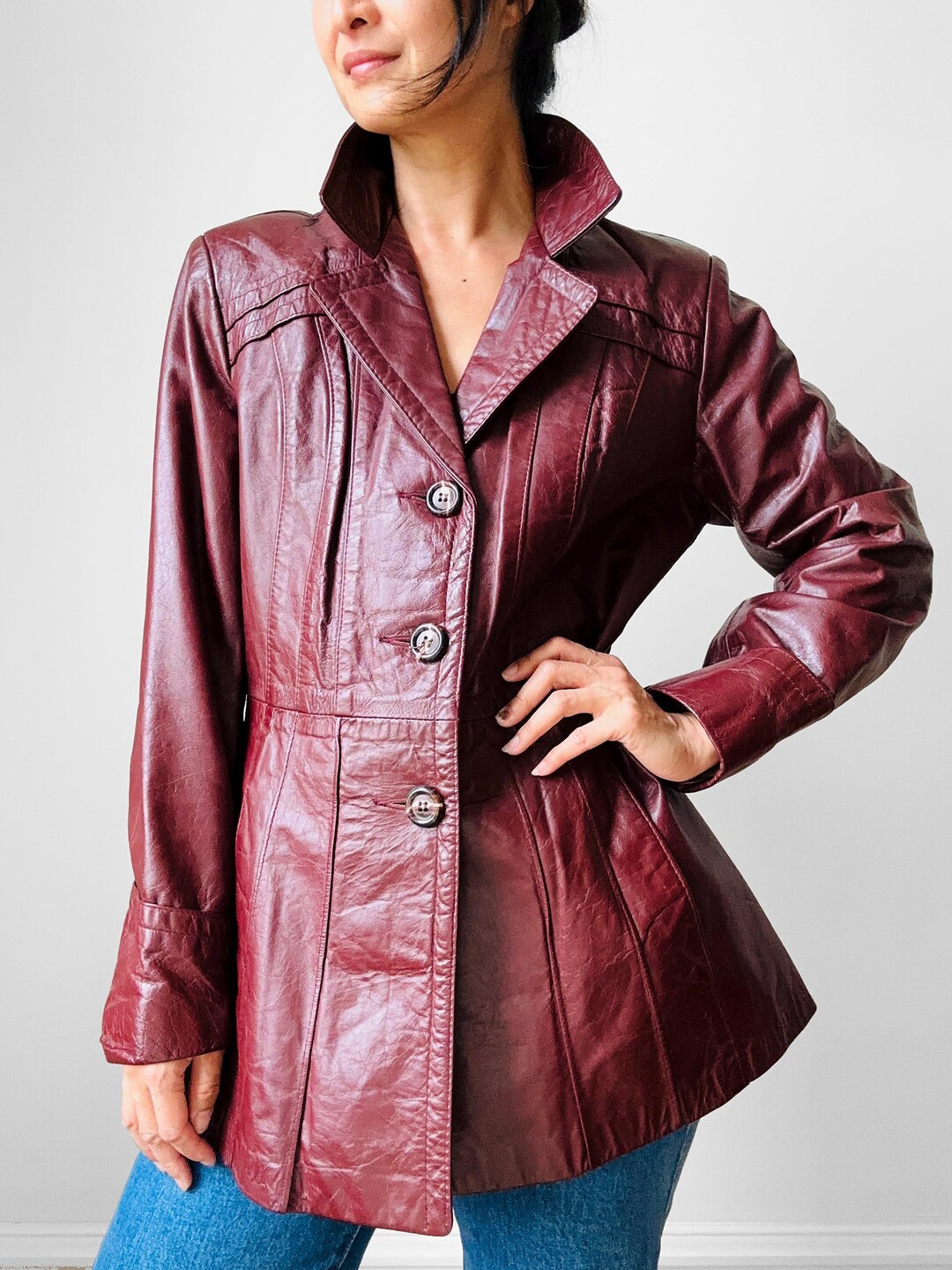 Vintage, 70s, 1970s, Maroon, Tapered Waist, Leather, Jacket - Sz. S/M ...